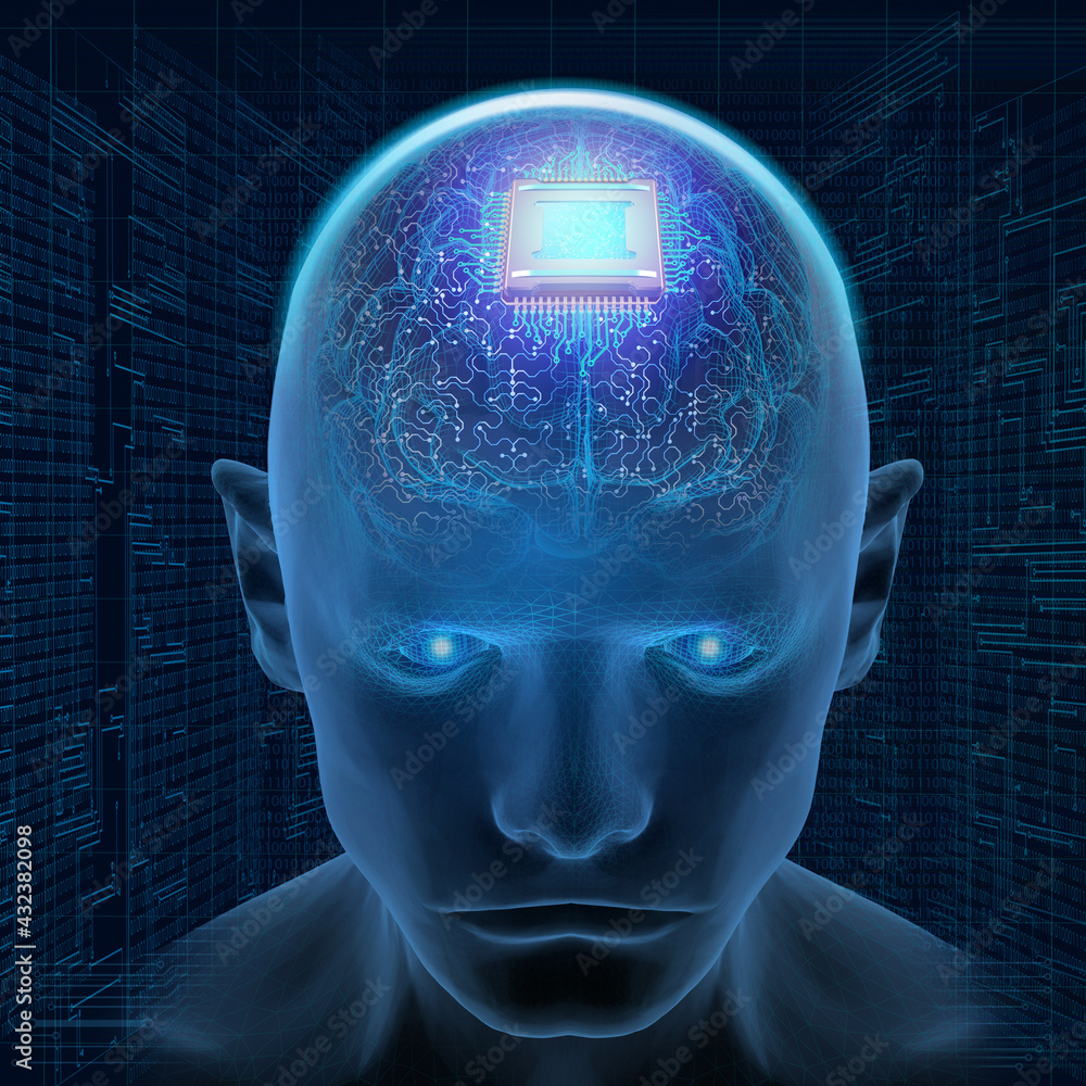 Abstract concept image of a microchip connecting the human brain with ...