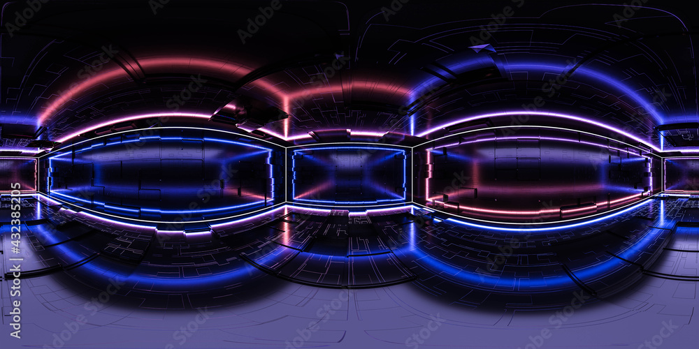 Full 360 panorama of futuristic neon light building interior with sci ...