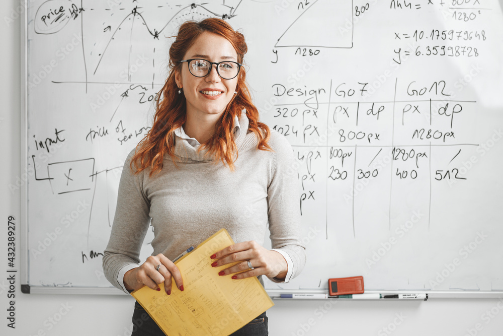 Portrait of red hair female professor. She lecture about new ...