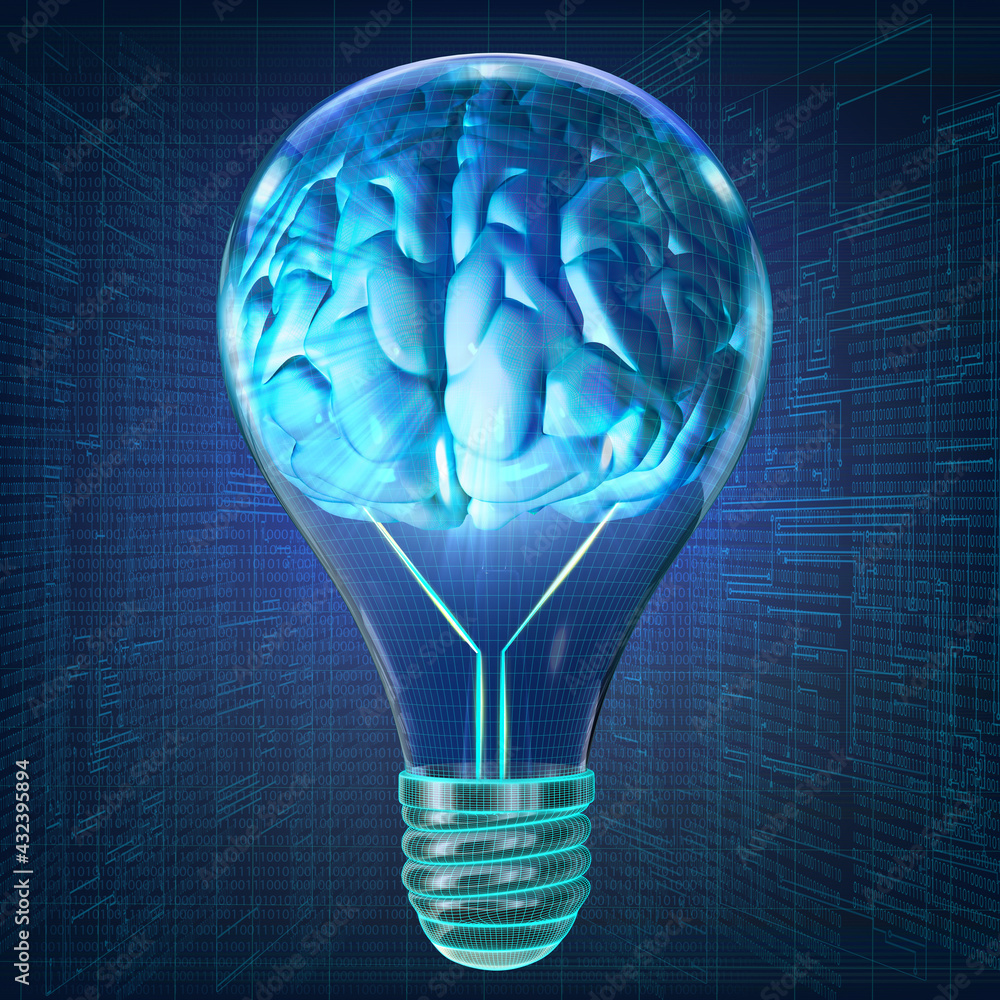 Abstract image of a light bulb with a human brain inside as filament ...