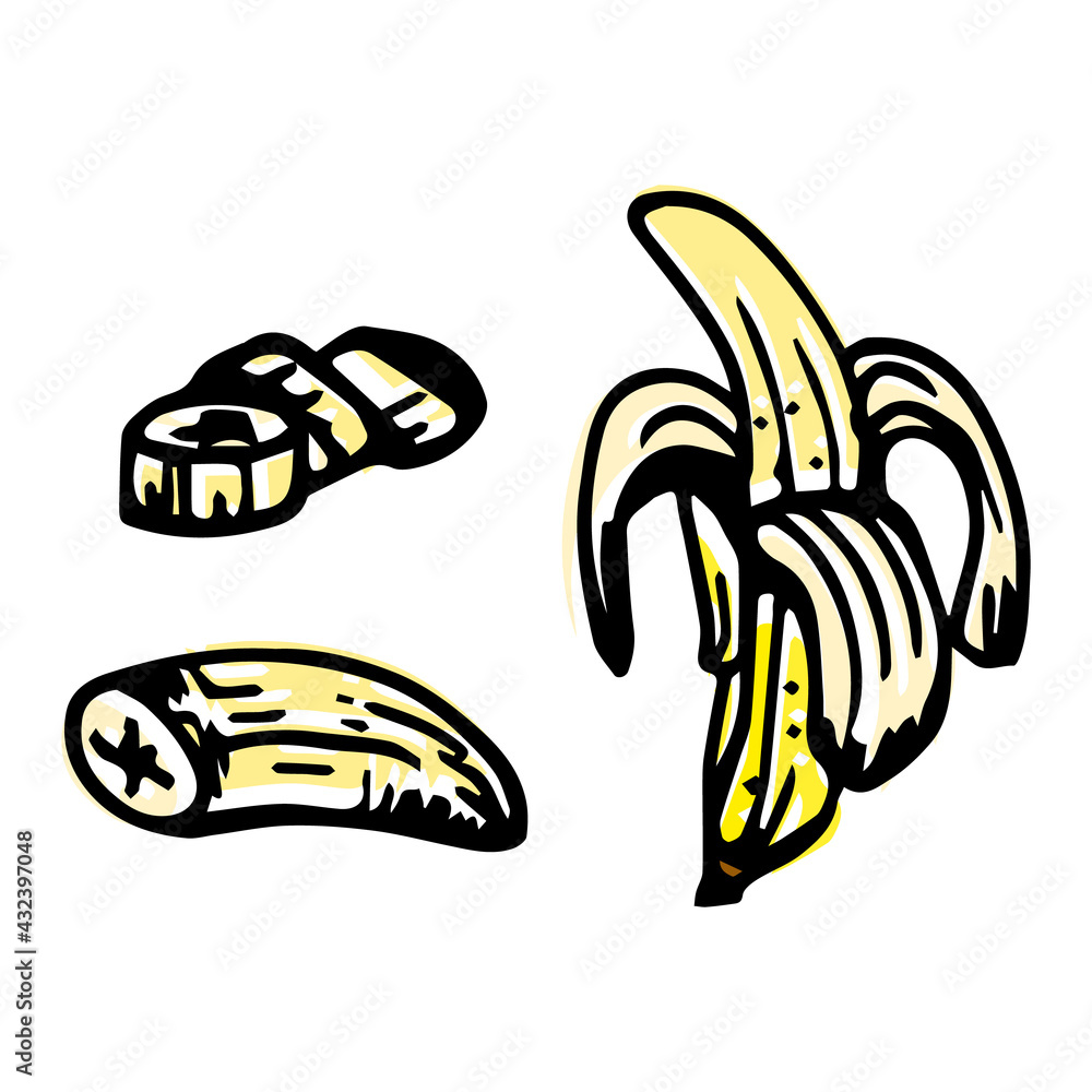 Banana Hand drawn iIlustration , Bananas peeled, Sliced. Doodle style. Vector Sketch Isolated on ...