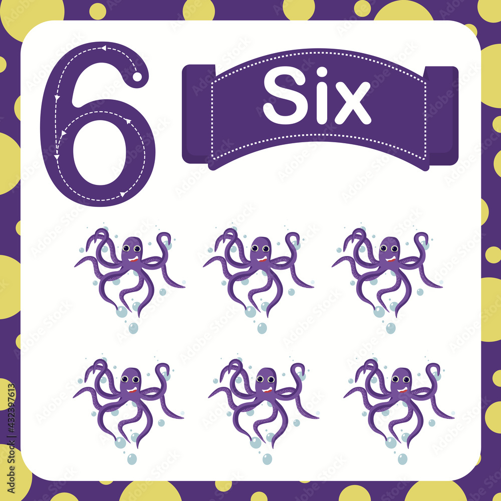vector illustration of a children's card with number six. The worksheet ...