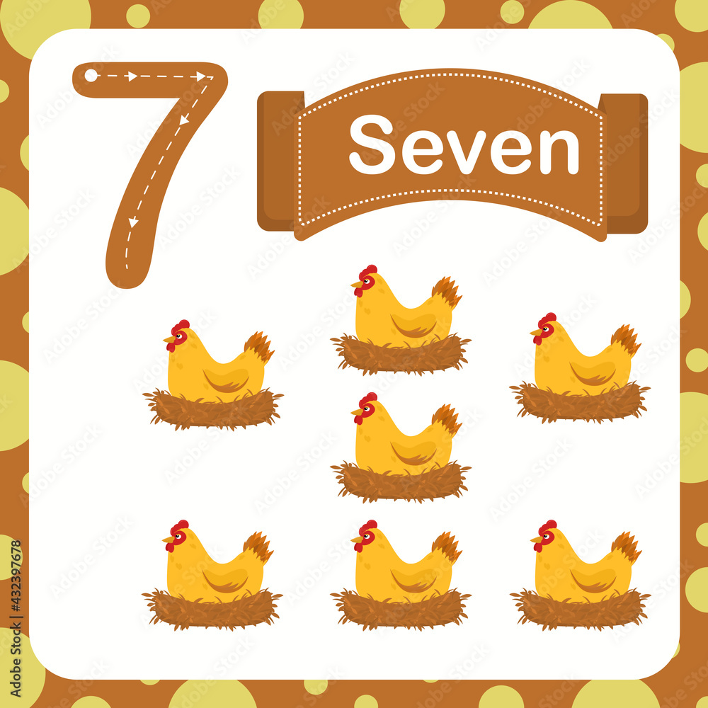 vector illustration of a children's card with number seven. The ...