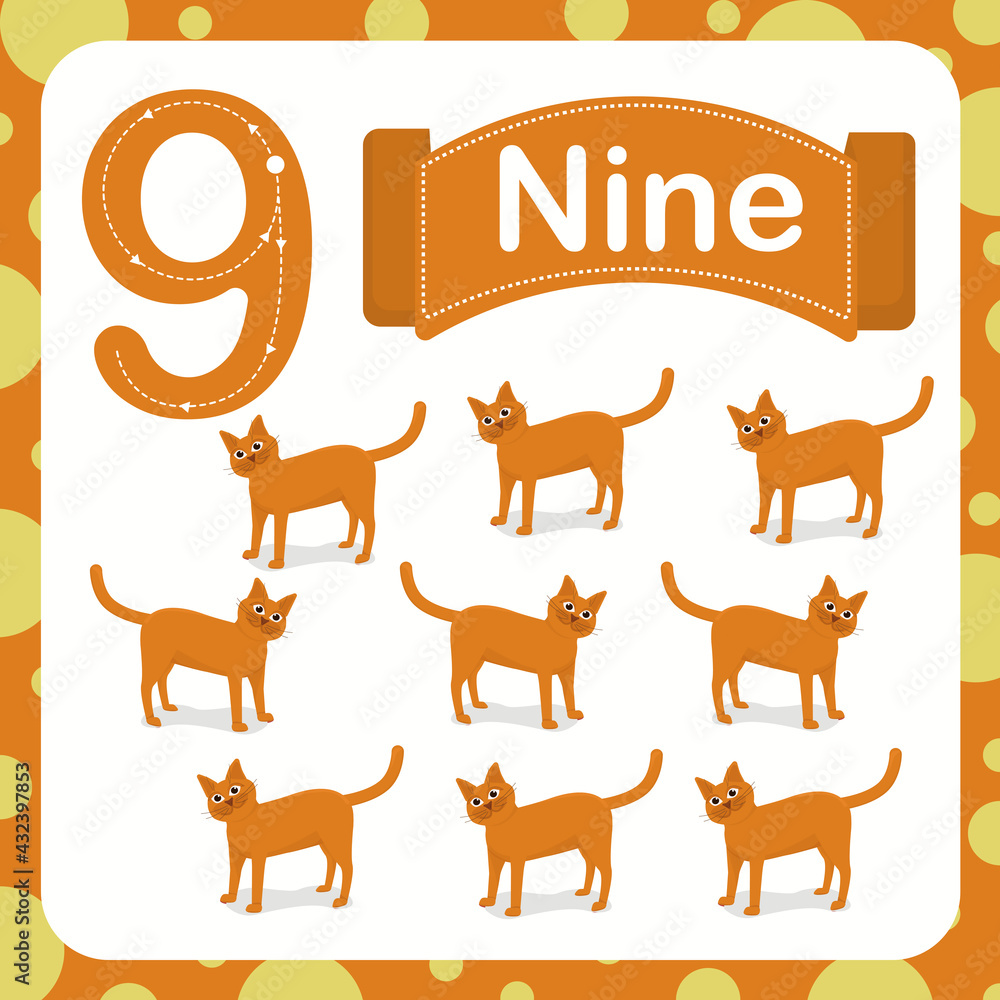 vector illustration of a children's card with number nine. The ...