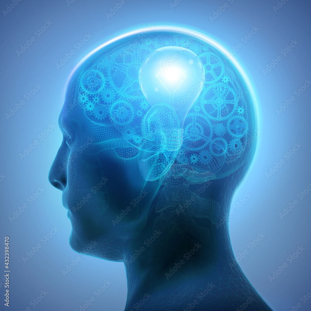 Profile of a man with visible brain made of various cogwheels and a lit ...