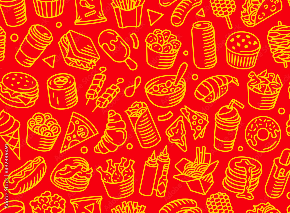 Fast food seamless pattern. Burger, hot dog, pizza and other food ...