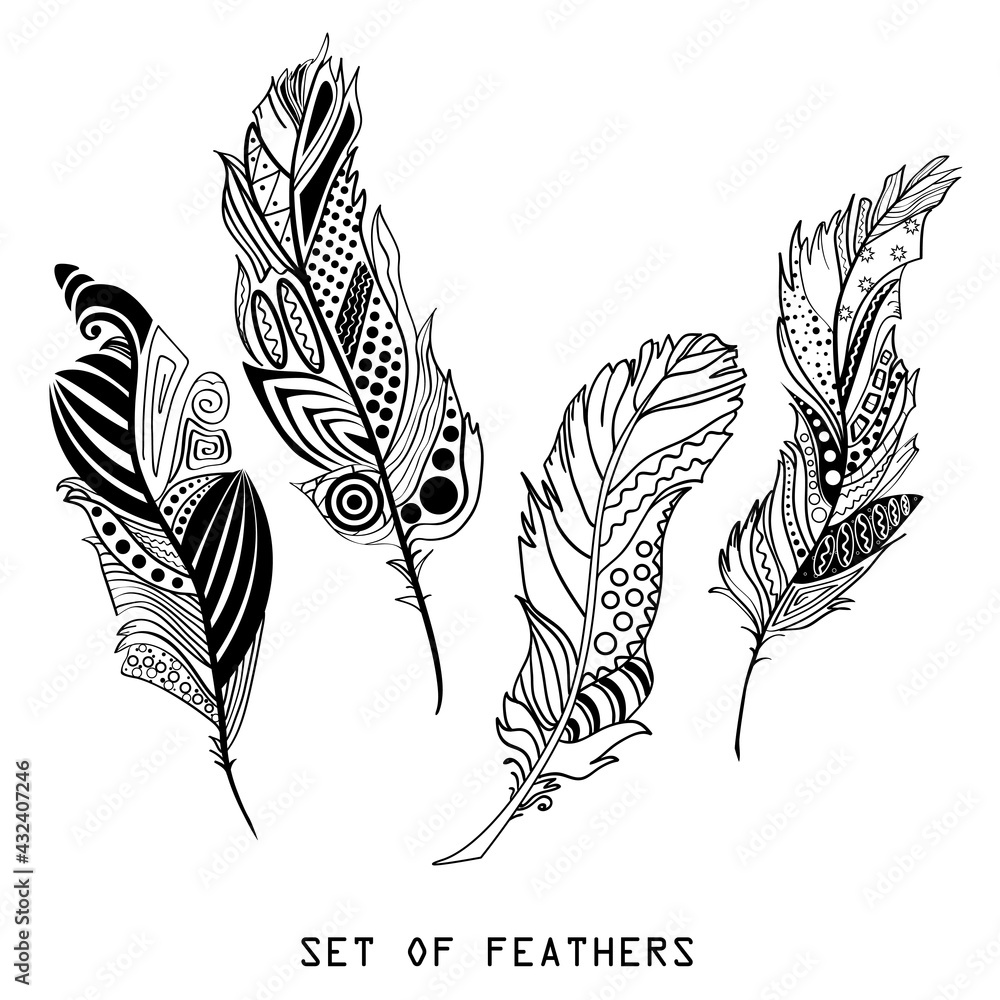 Feathers. Design Zentangle. Hand drawn feathers with abstract patterns ...
