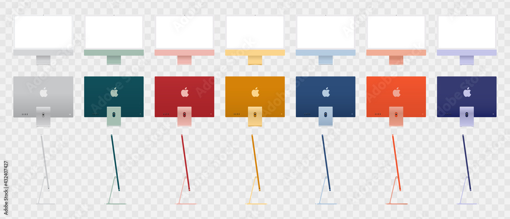 Set of realistic mockups of the new iMac 24 in all colors on an ...