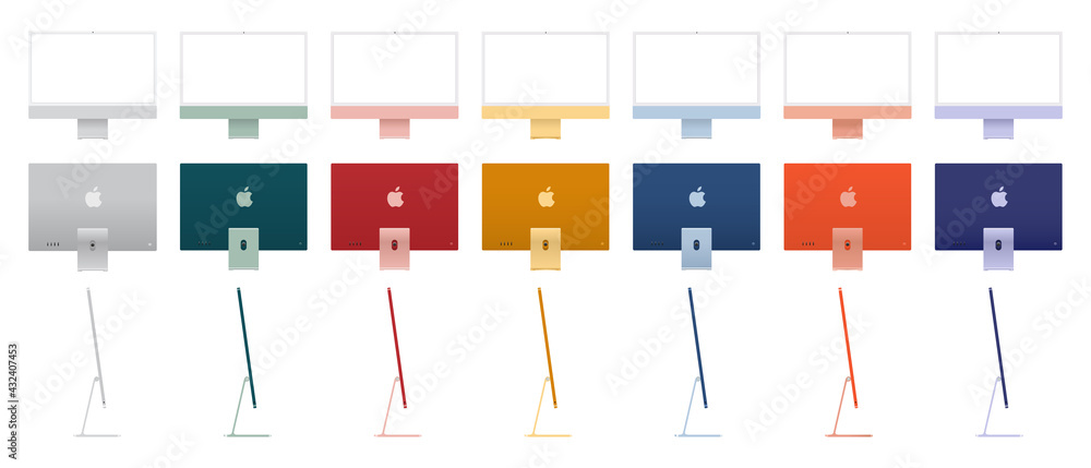 Set of realistic mockups of the new iMac 24 in all colors on an ...