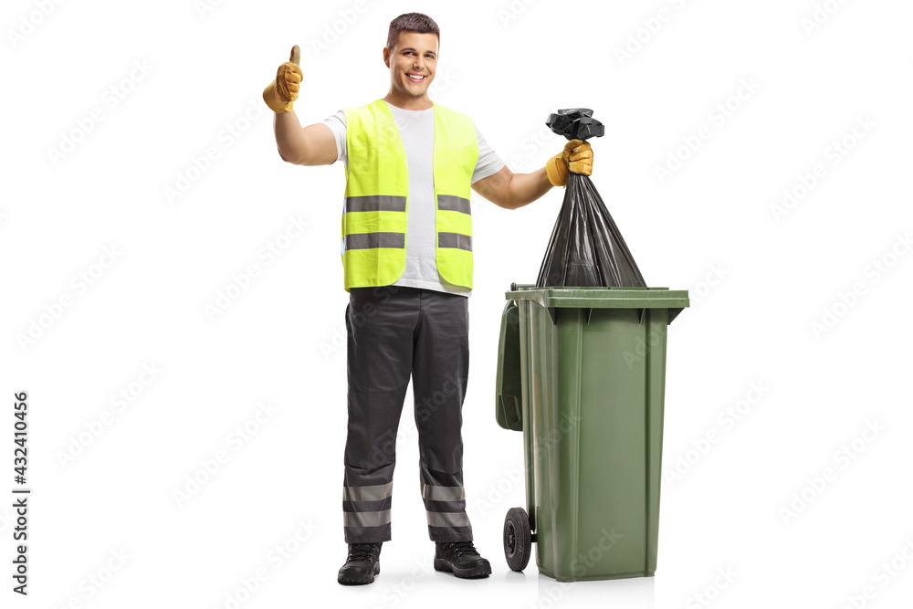 Full length portrait of a waste collector holding a bin bag and ...