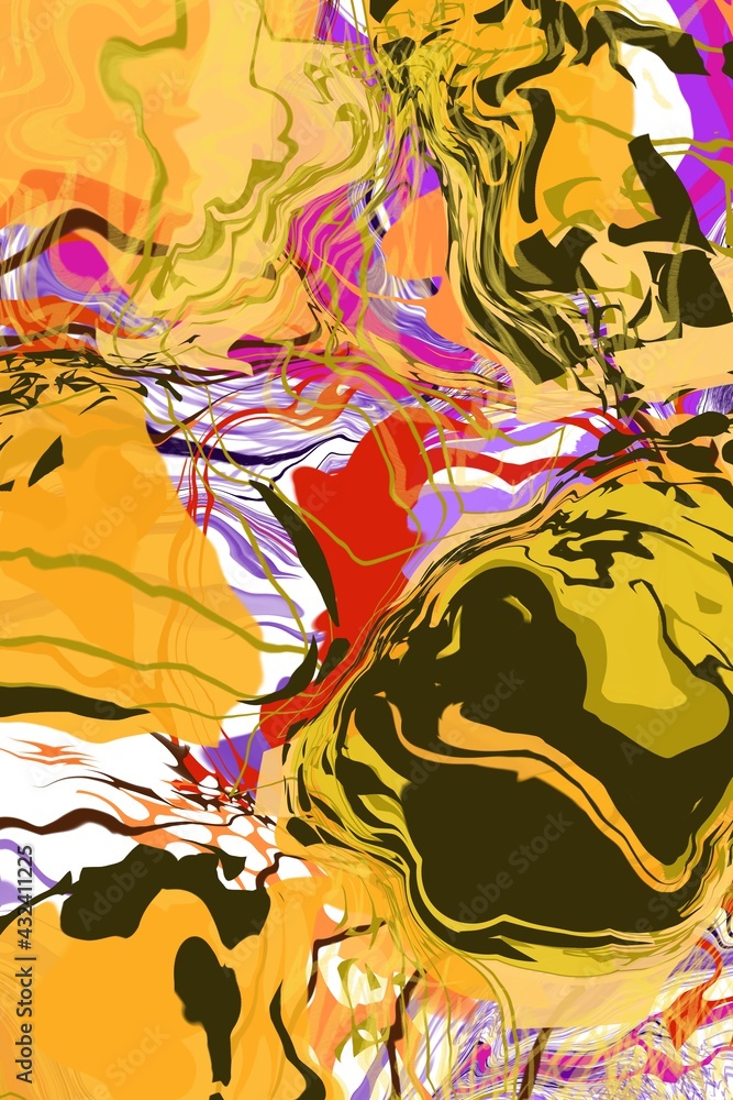 Abstract swirls of liquid moving paints ink and colors flowing in ...