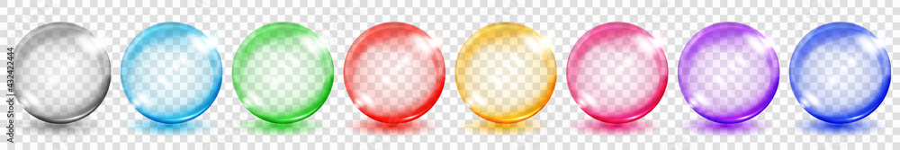 Set of translucent colored spheres with glares and shadows on ...