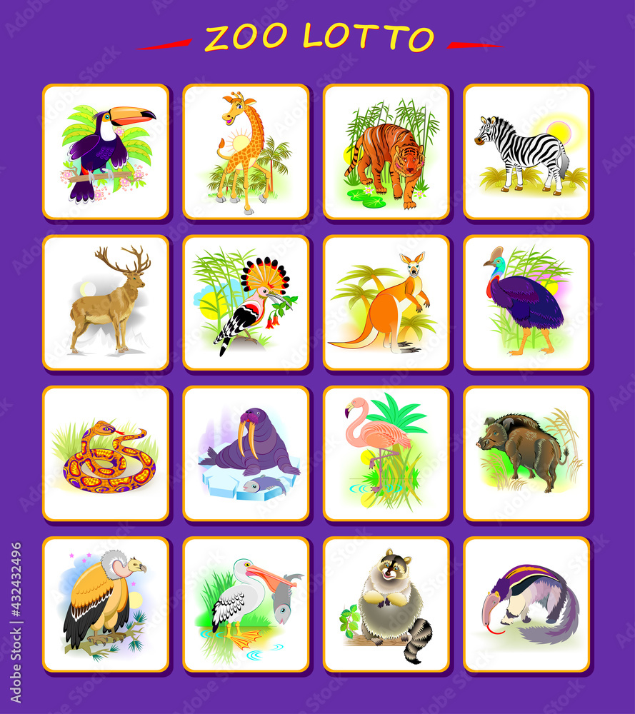 Set of zoo animals. Playing cards for kids. Zoological lotto board game ...