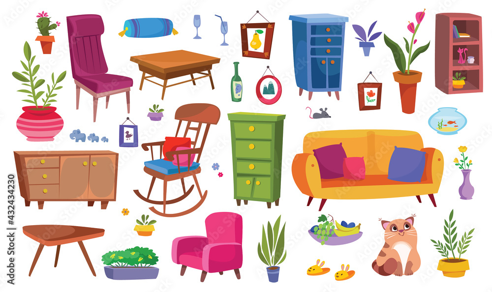 Home furniture big clipart set. Household items, sofa, chair, wardrobe ...