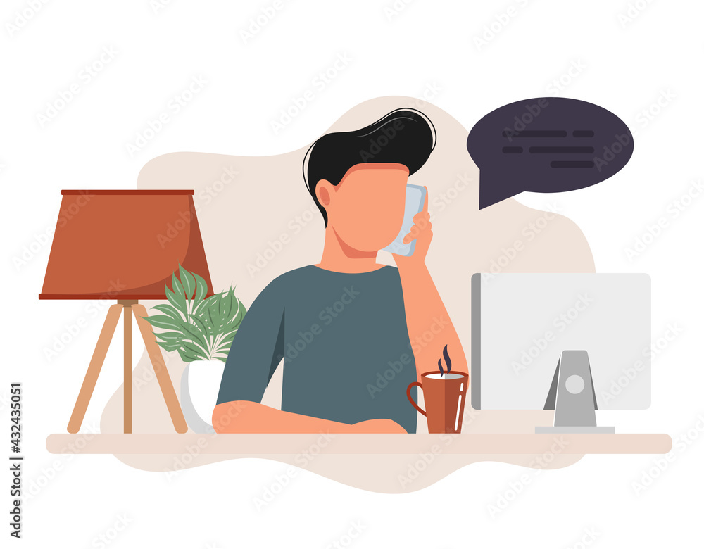 Secretary man sitting at a desk responding to a call. Vector ...