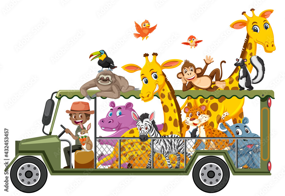 Zoo concept with wild animals in the car isolated on white background ...