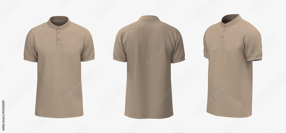Blank mandarin collar t-shirt mockup in front, side and back views, tee ...