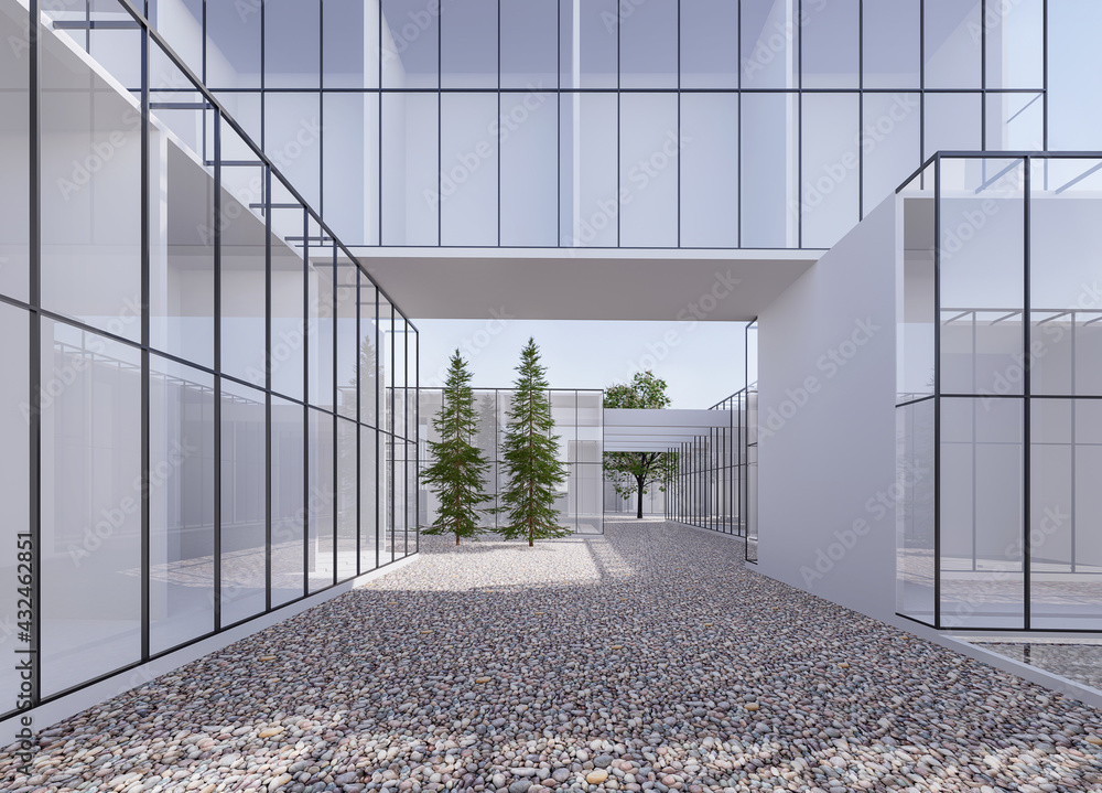 Minimal style building space exterior 3d render,There are clear grass ...