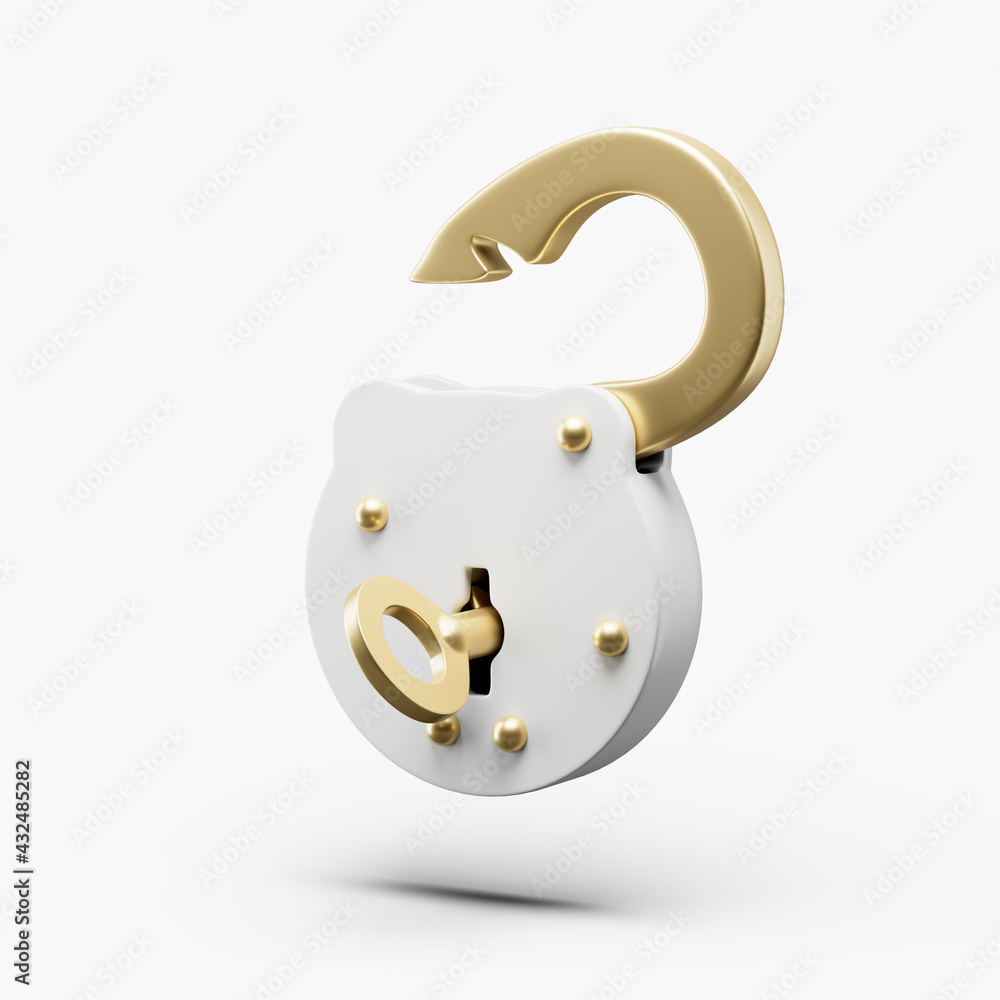 Padlock icon retro with key simple unlocked with gold parts 3d ...