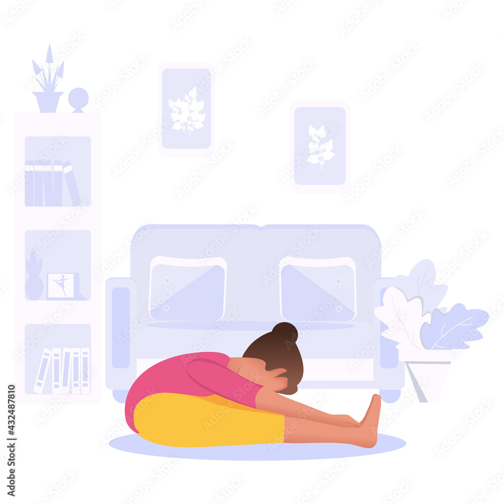 Woman practices yoga at home. In a sitting position, the body leans ...