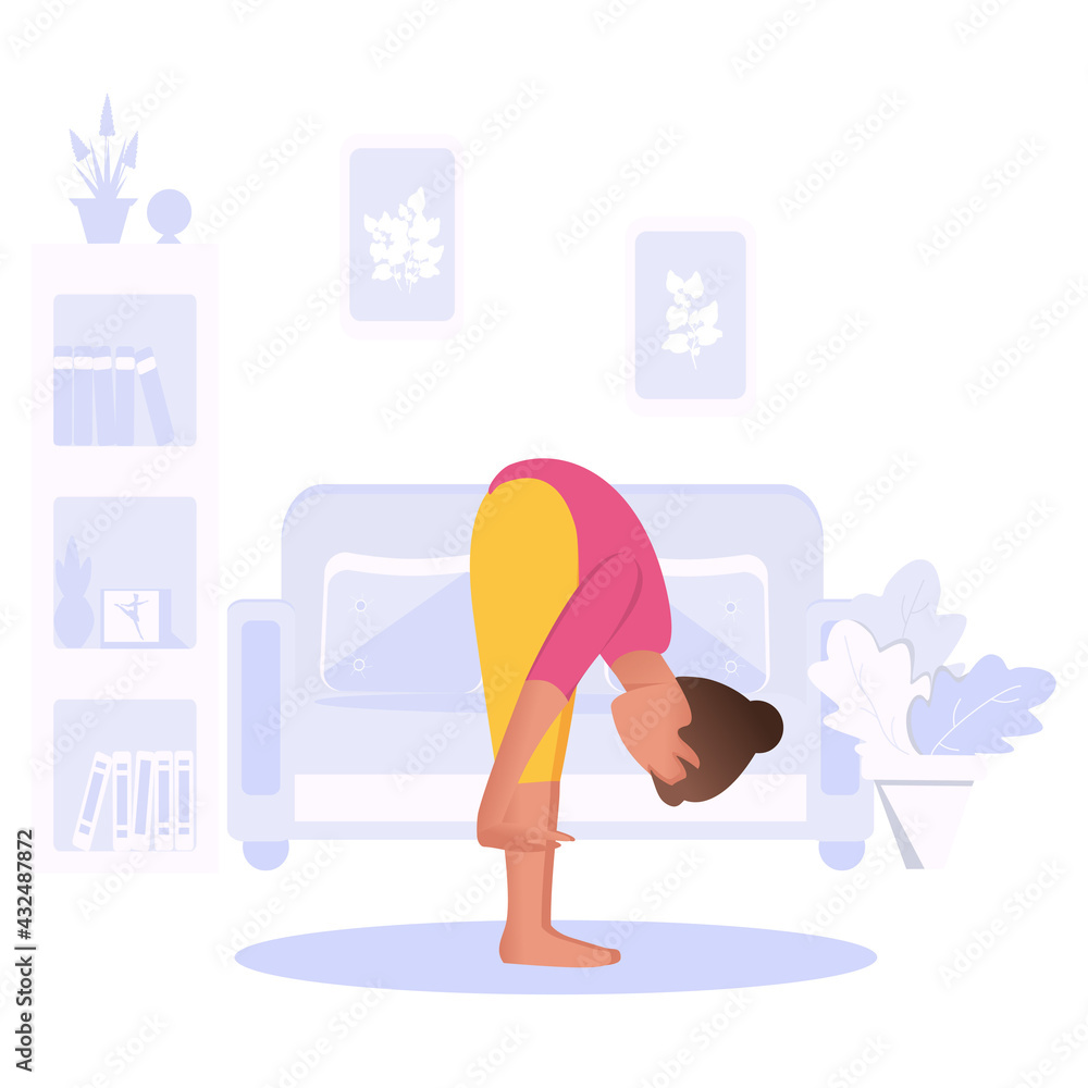 The woman is engaged in yoga. Stork pose or stretch pose. Healthy ...