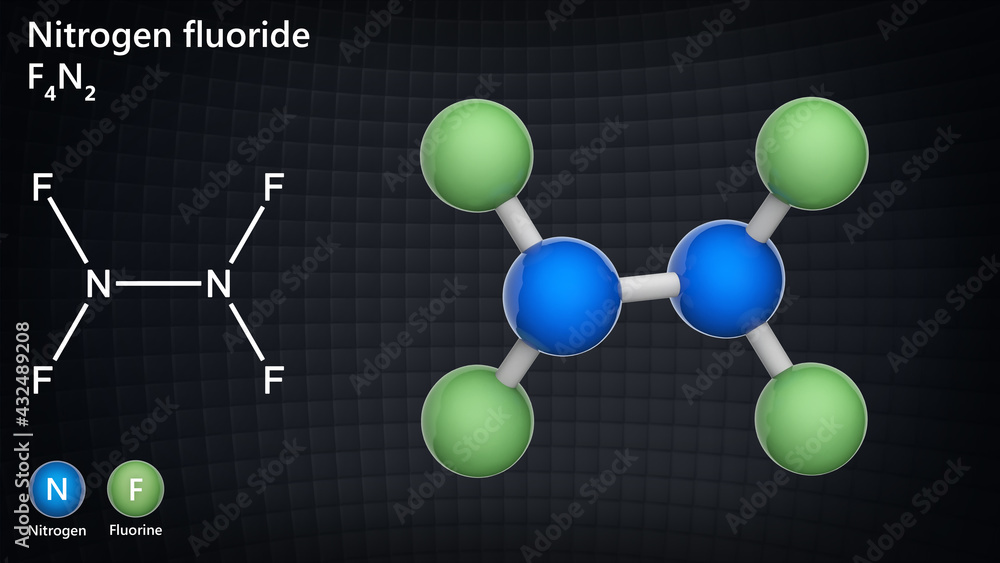 Nitrogen fluoride (dinitrogen tetrafluoride or tetrafluorohydrazine). Formula: F4N2. 3D ...