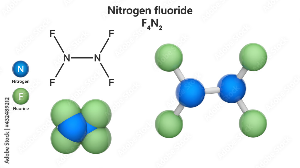 Nitrogen fluoride (dinitrogen tetrafluoride or tetrafluorohydrazine). Formula: F4N2. 3D ...