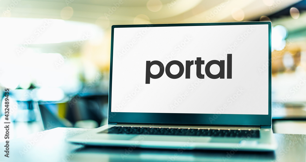 Laptop computer displaying logo of Portal Stock Photo | Adobe Stock