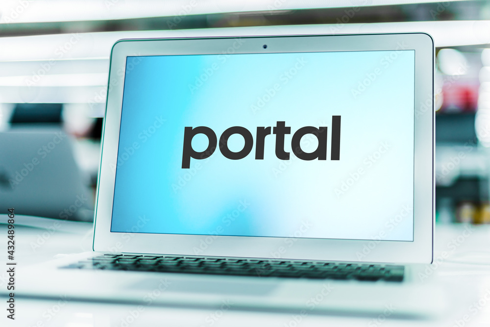 Laptop computer displaying logo of Portal Stock Photo | Adobe Stock