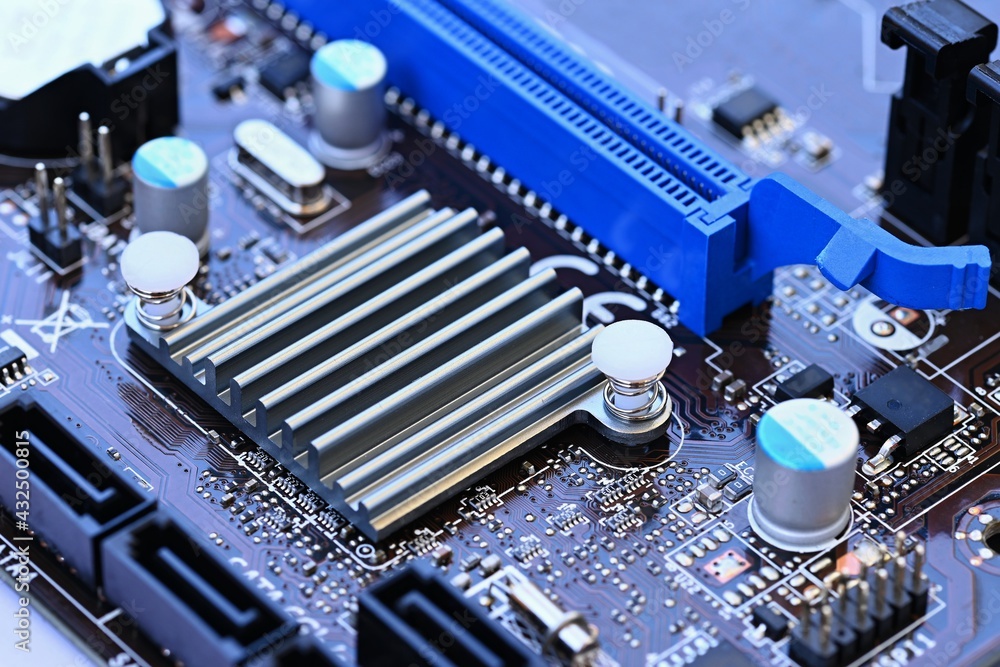 Components on board. PCB to PC. Chip, capacitor and connectors on the ...