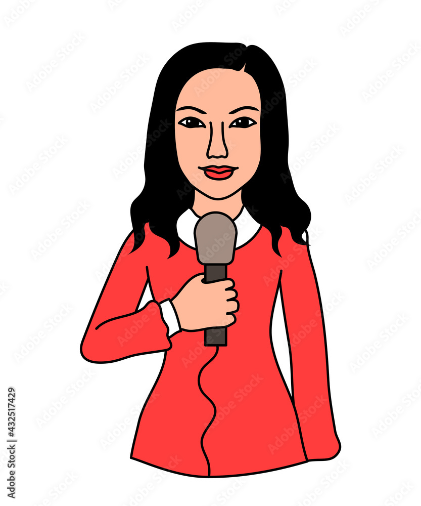 Vecteur Stock Asian woman reporter in a red dress with a microphone ...