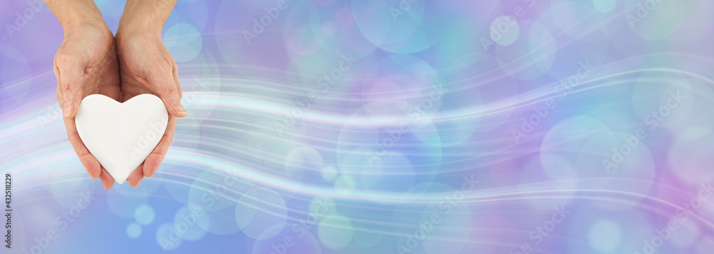 Sending messages of love and kindness blue bokeh banner - female hands ...