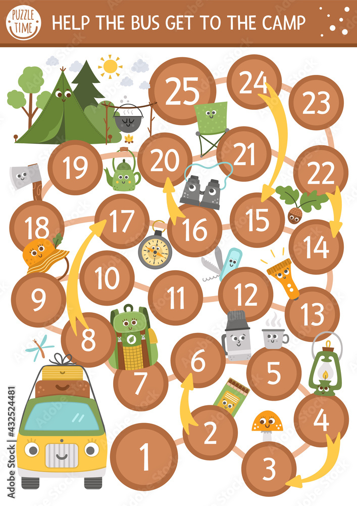 Summer camp dice board game for children with cute kawaii bus and ...