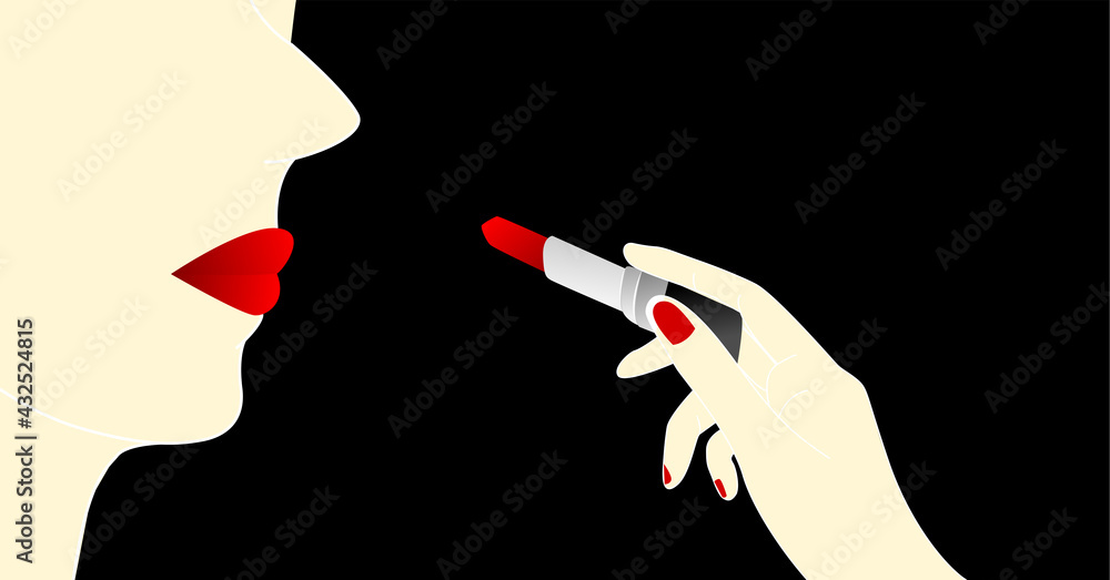Side view of beautiful woman face with red lip and her hand holding red ...