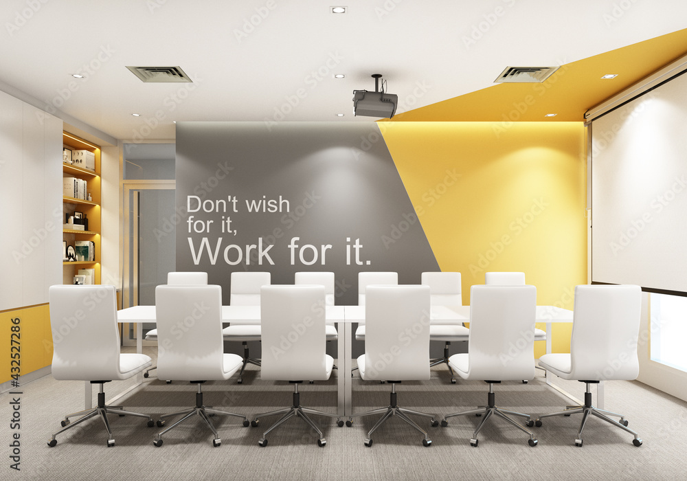 Working area in modern office with carpet floor and meeting room yellow ...