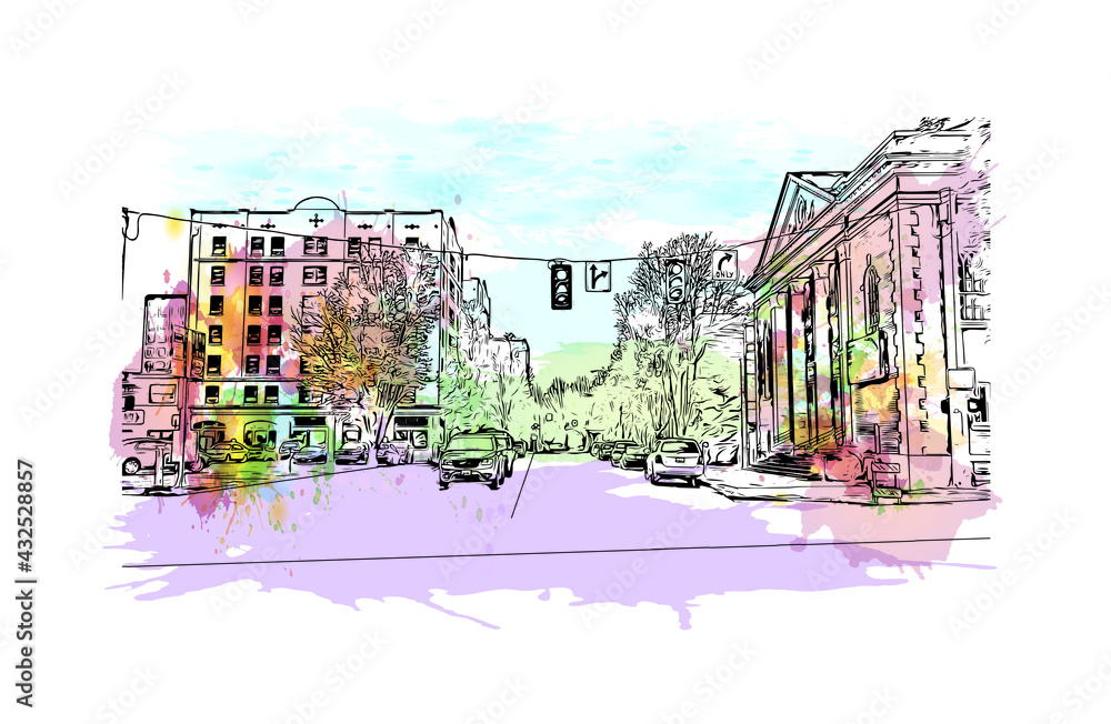 Building view with landmark of Eugene is a city in Oregon. Watercolor ...