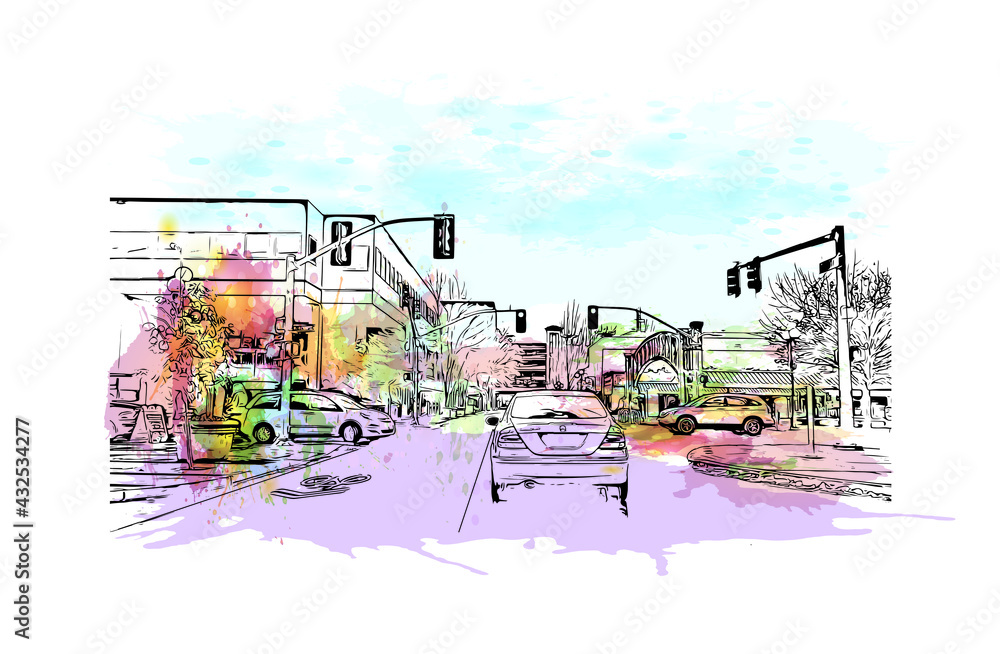 Building view with landmark of Eugene is a city in Oregon. Watercolor ...