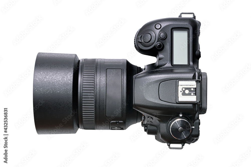 Top view of a new modern black DSLR camera isolated on a white ...
