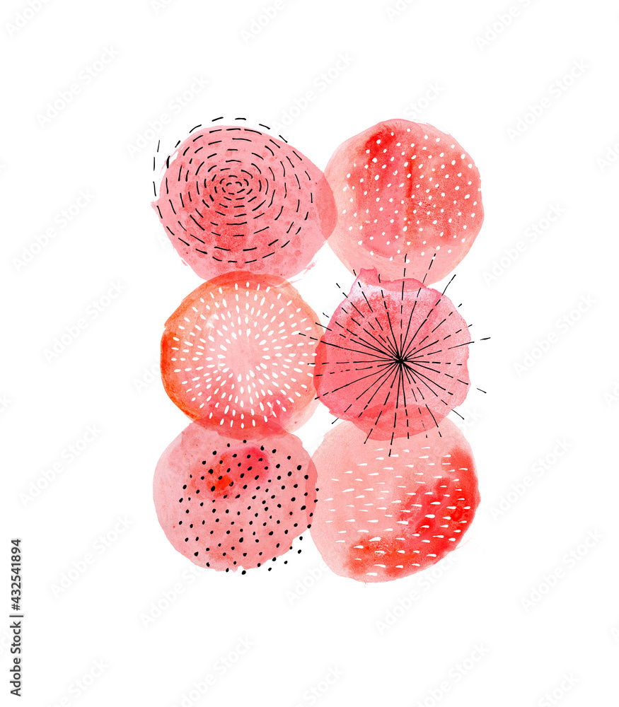 Watercolor Painting with Red Circles and Ink Spots. Abstract Minimalist ...