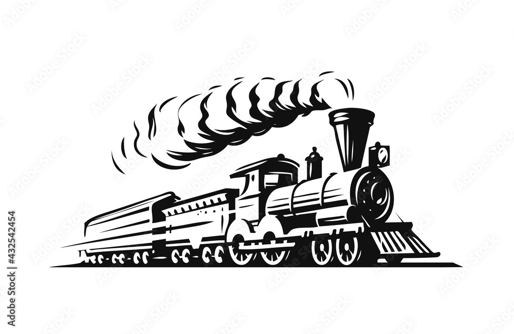 Moving retro steam locomotive. Vintage train emblem or symbol vector ...