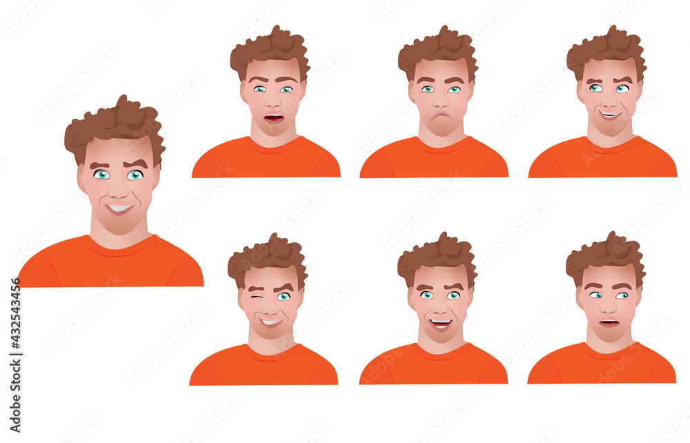 Young Male set of facial expressions . Set of Vector illustrations or ...