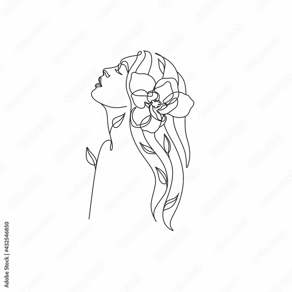 Line Art Woman With Flowers. Head Of Flowers Line drawing. Flower Woman ...