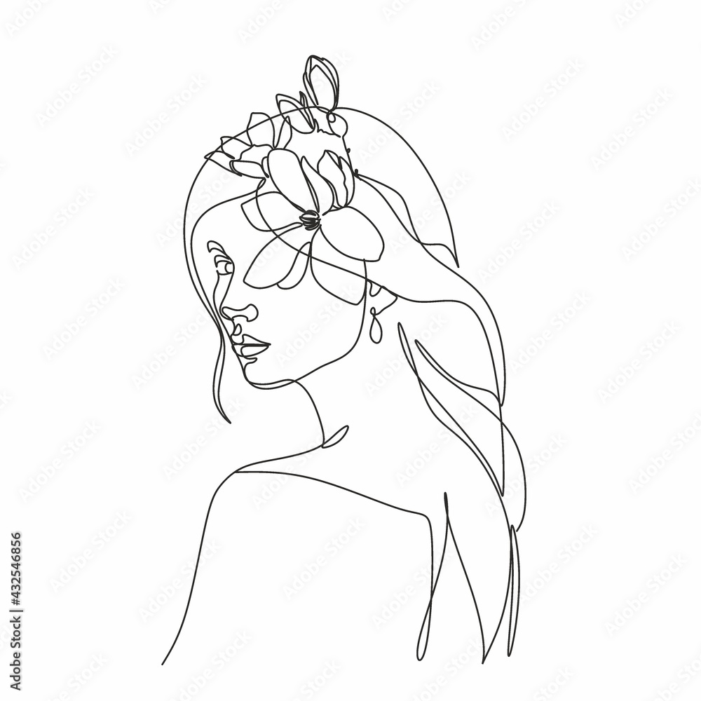 Line Art Woman With Flowers. Head Of Flowers Line drawing. Flower Woman ...
