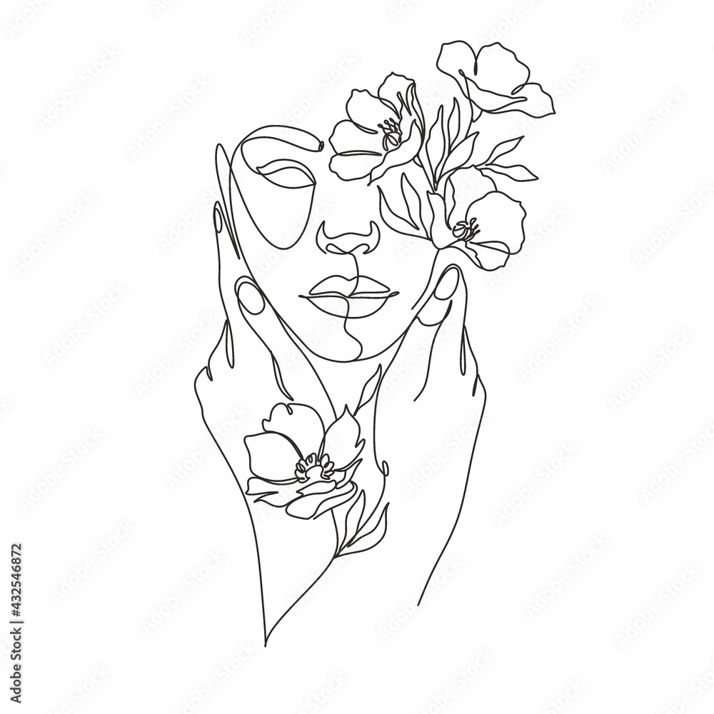 Line Art Woman With Flowers. Head Of Flowers Line drawing. Flower Woman ...