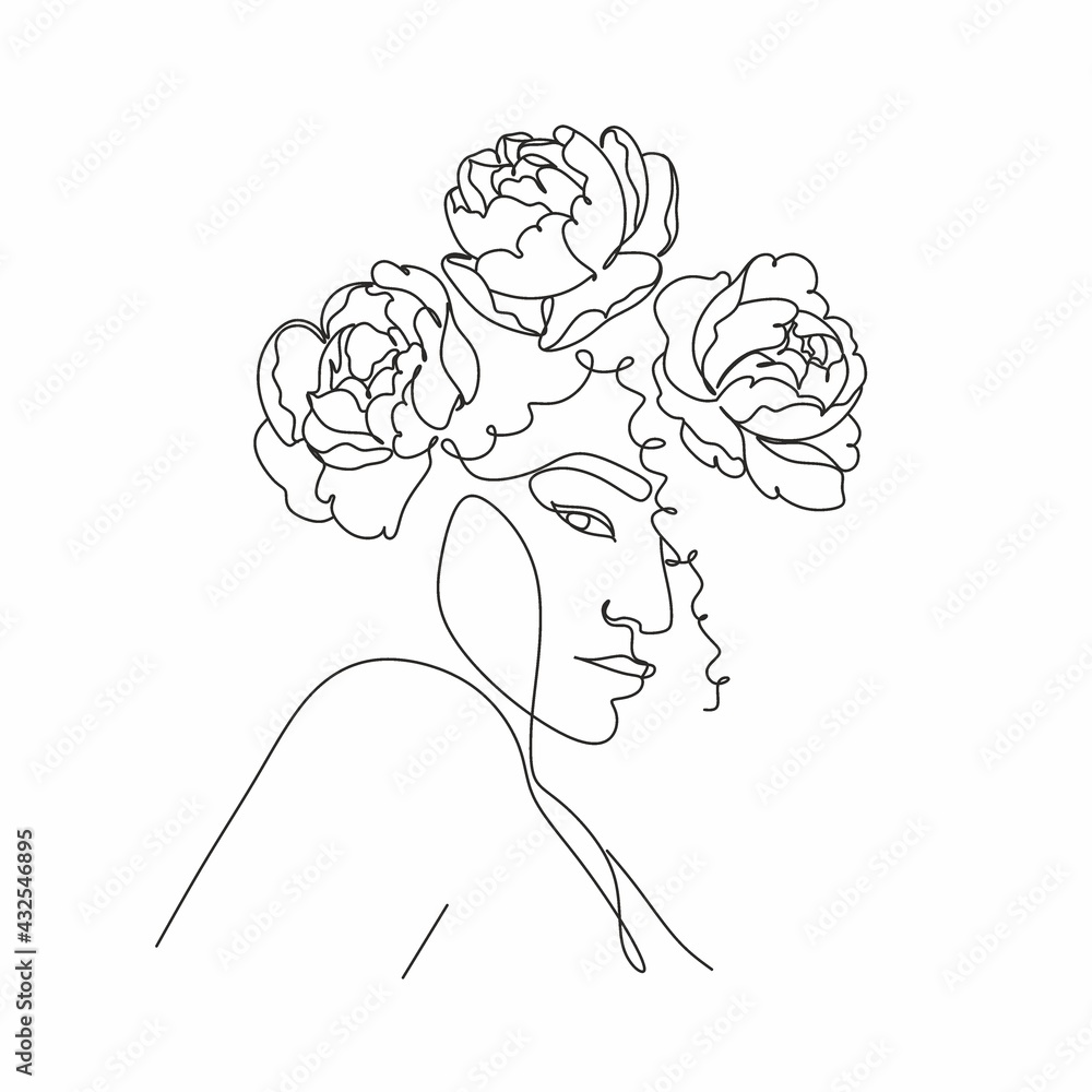 Line Art Woman With Flowers. Head Of Flowers Line drawing. Flower Woman ...