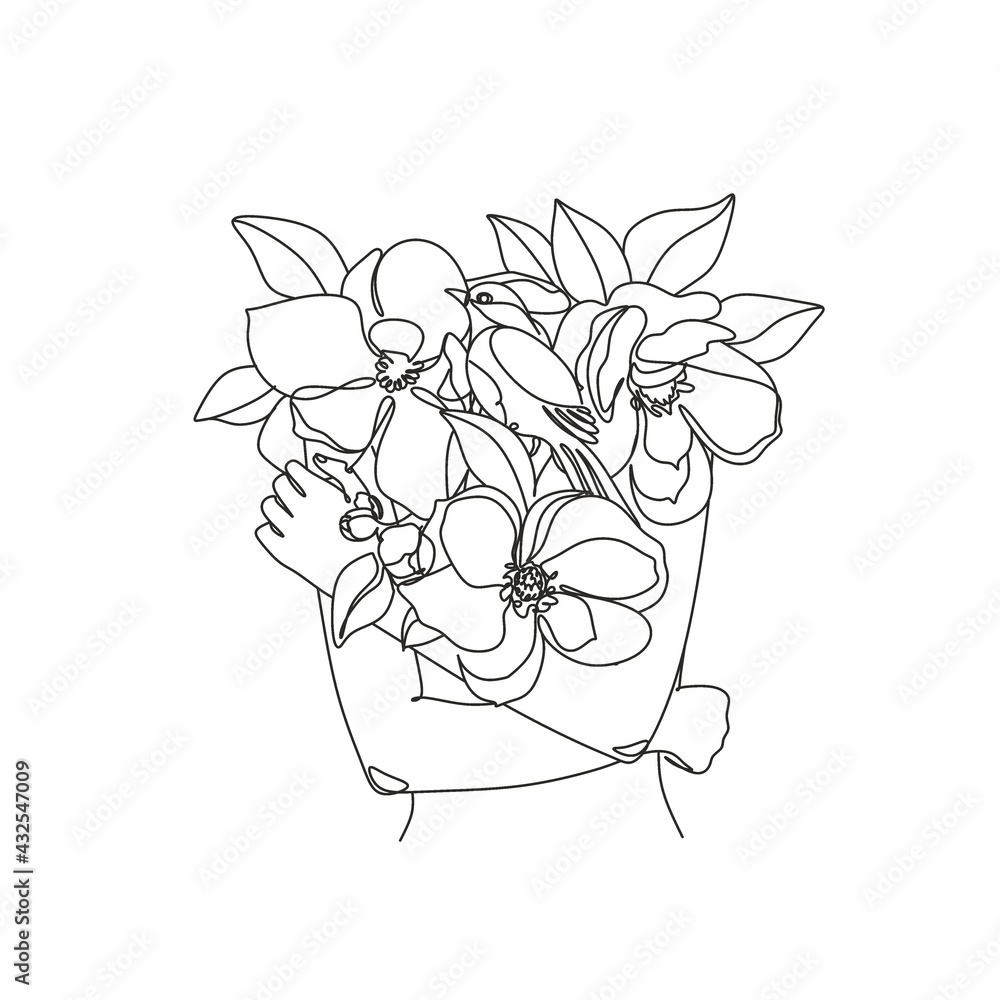 Line Art Woman With Flowers. Head Of Flowers Line drawing. Flower Woman ...