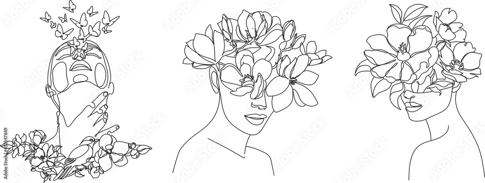 Line Art Woman With Flowers. Head Of Flowers Line drawing. Flower Woman ...