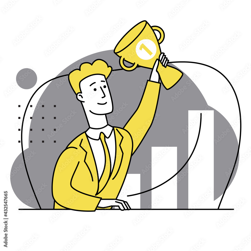 The happy man triumphantly raised his hand with a gold cup. First place ...