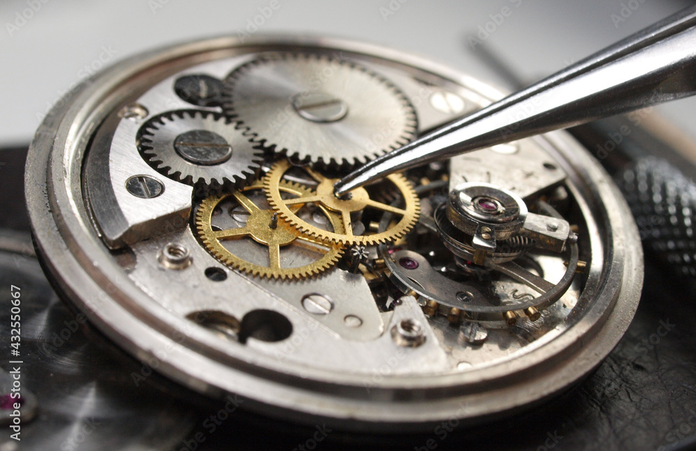 vintage watch under repair, display of parts of vintage watch mechanism ...