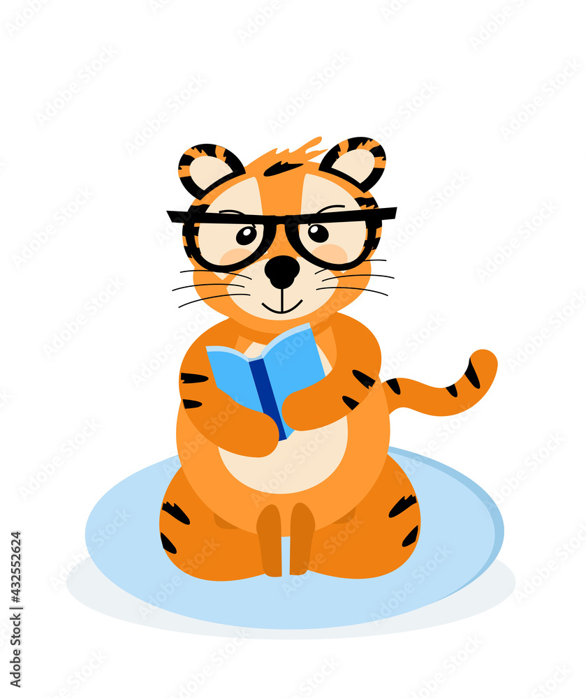 A cheerful striped tiger sits and reads a book with glasses, the symbol ...